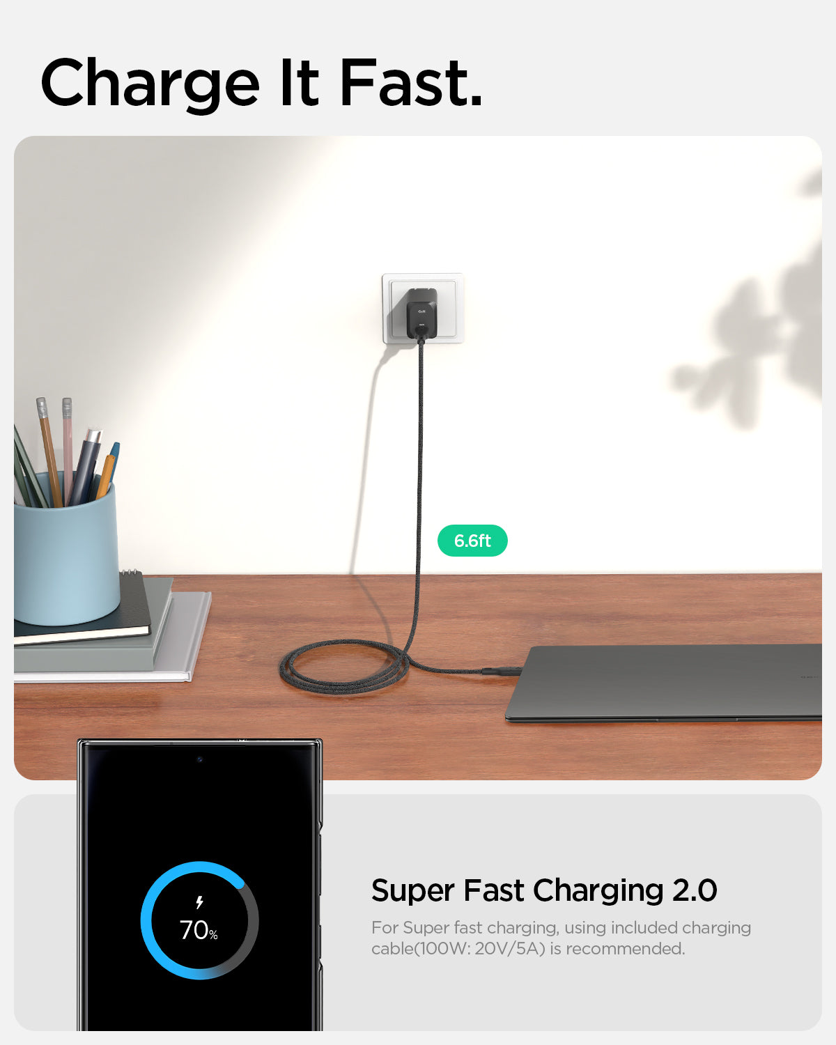 ACH05474 - ArcStation™ Pro GaN 651 Wall Charger PE2201 in White showing the Charge It Fast. A 6 ...