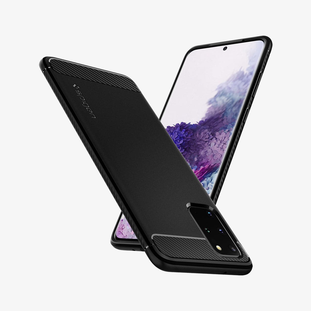 ACS00753 - Galaxy S20 Plus Rugged Armor Case in black showing the back, front and sides