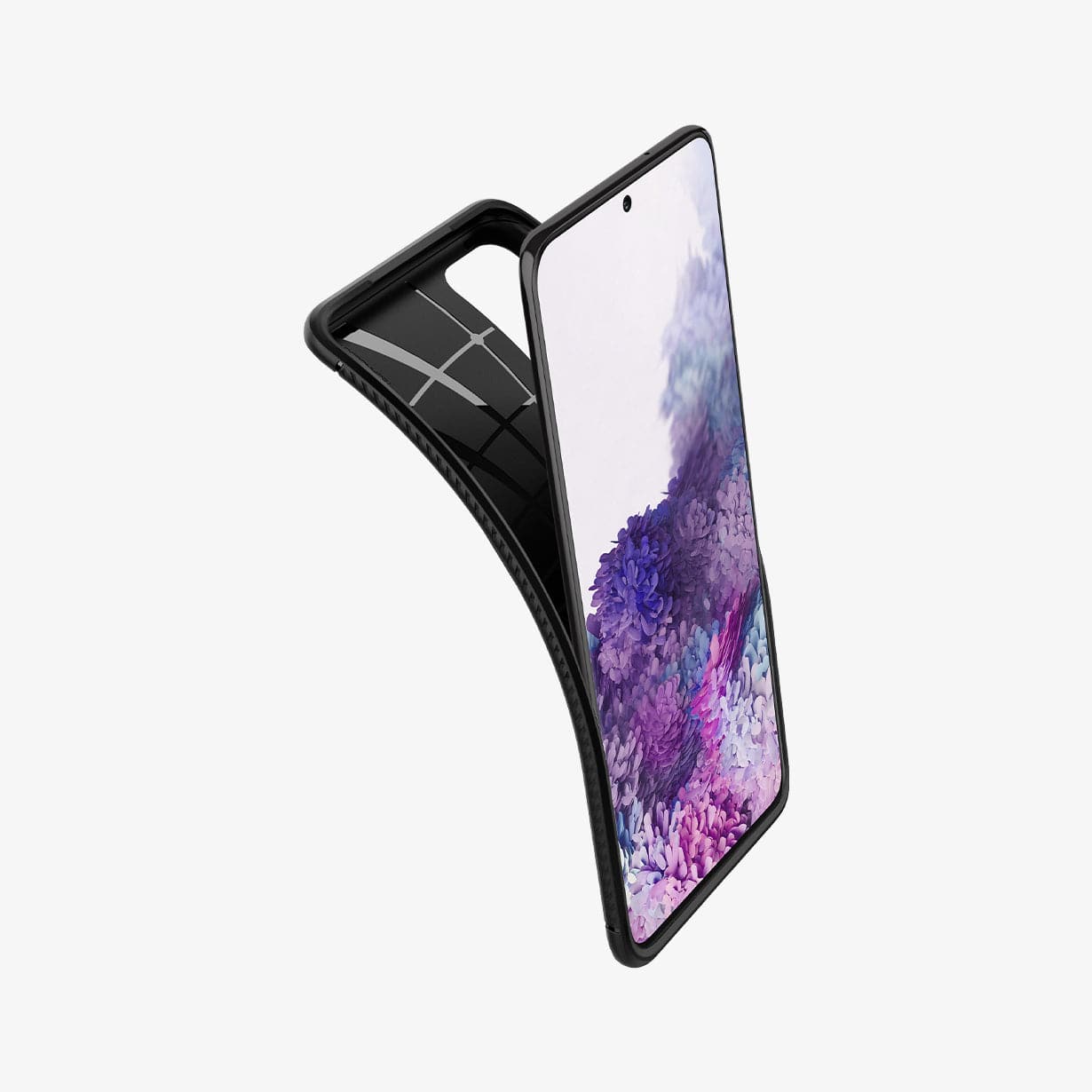 ACS00753 - Galaxy S20 Plus Rugged Armor Case in black showing the front with case bending away ...