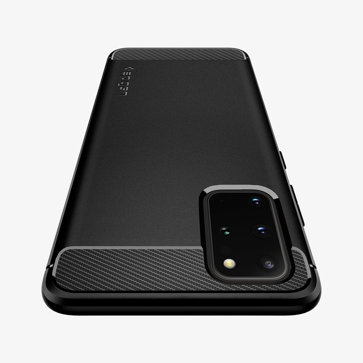 ACS00753 - Galaxy S20 Plus Rugged Armor Case in black showing the back and top zoomed in